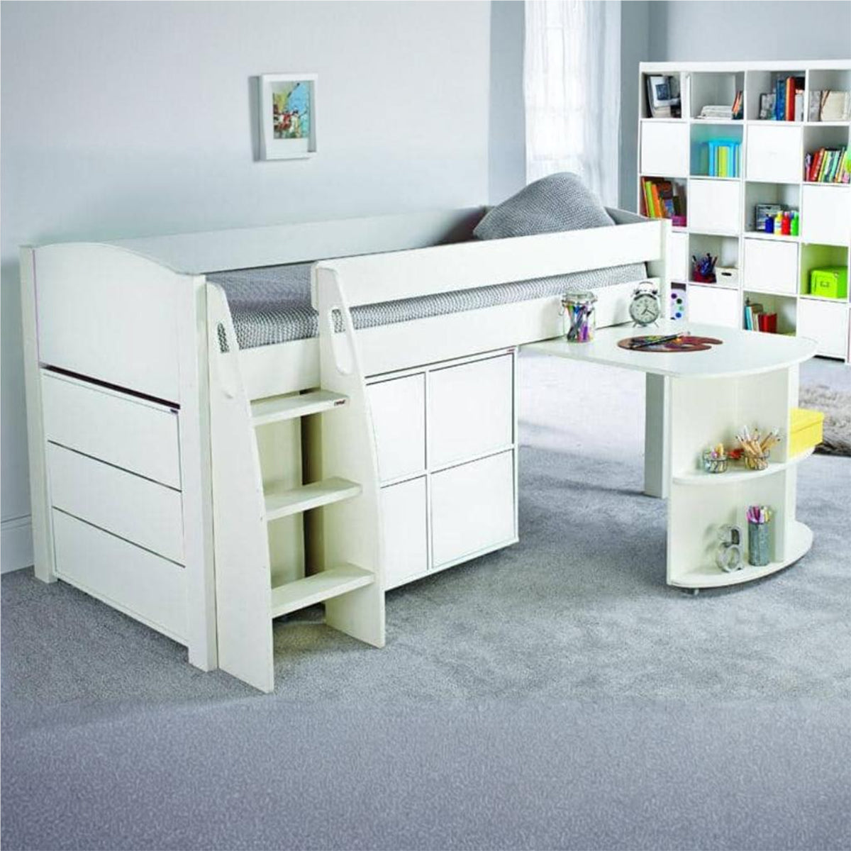 Stompa UNOS Mid Sleeper White Incl Pull Out Desk + 1 Multi Cube With 4 ...