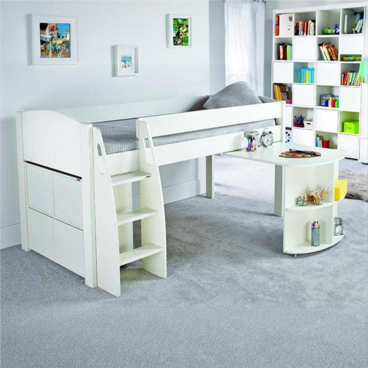 Stompa UNOS Mid Sleeper White Incl Pull Out Desk + 1 Multi Cube With 4 ...