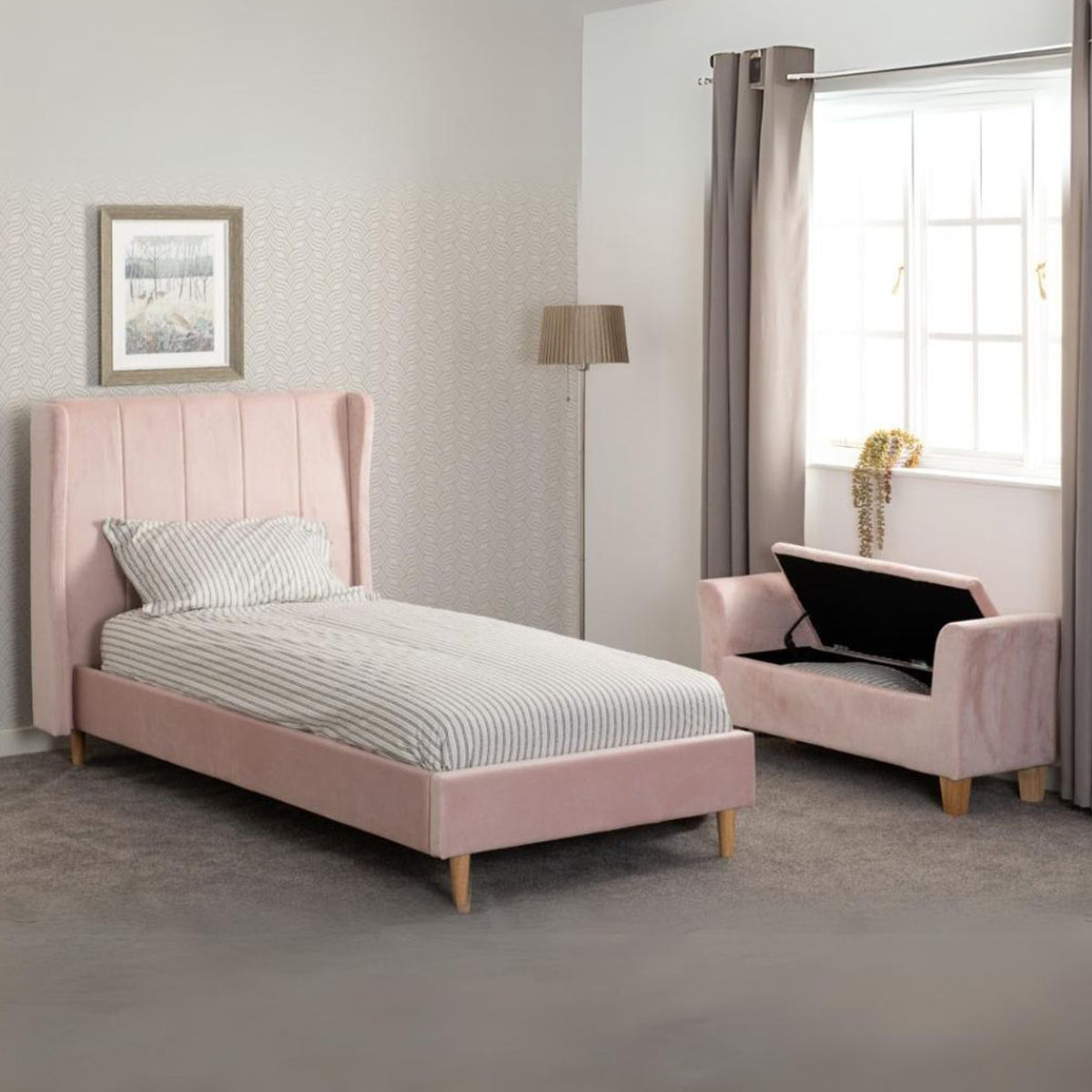 Amelia 3FT Bed - Pink Velvet Fabric - Babyfair Ltd